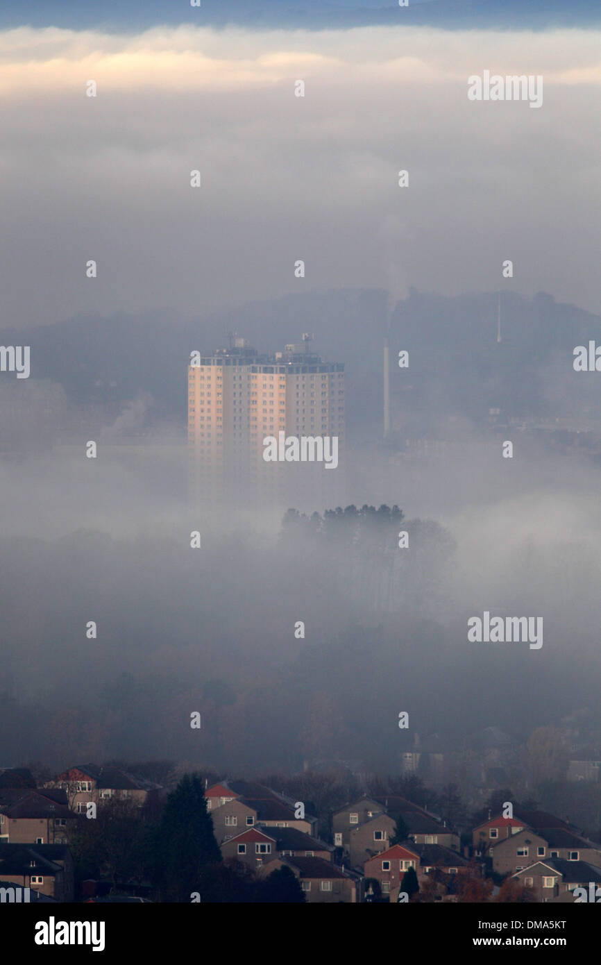 A view over Glasgow shrouded in freezing fog from the Caithkin Braes ...