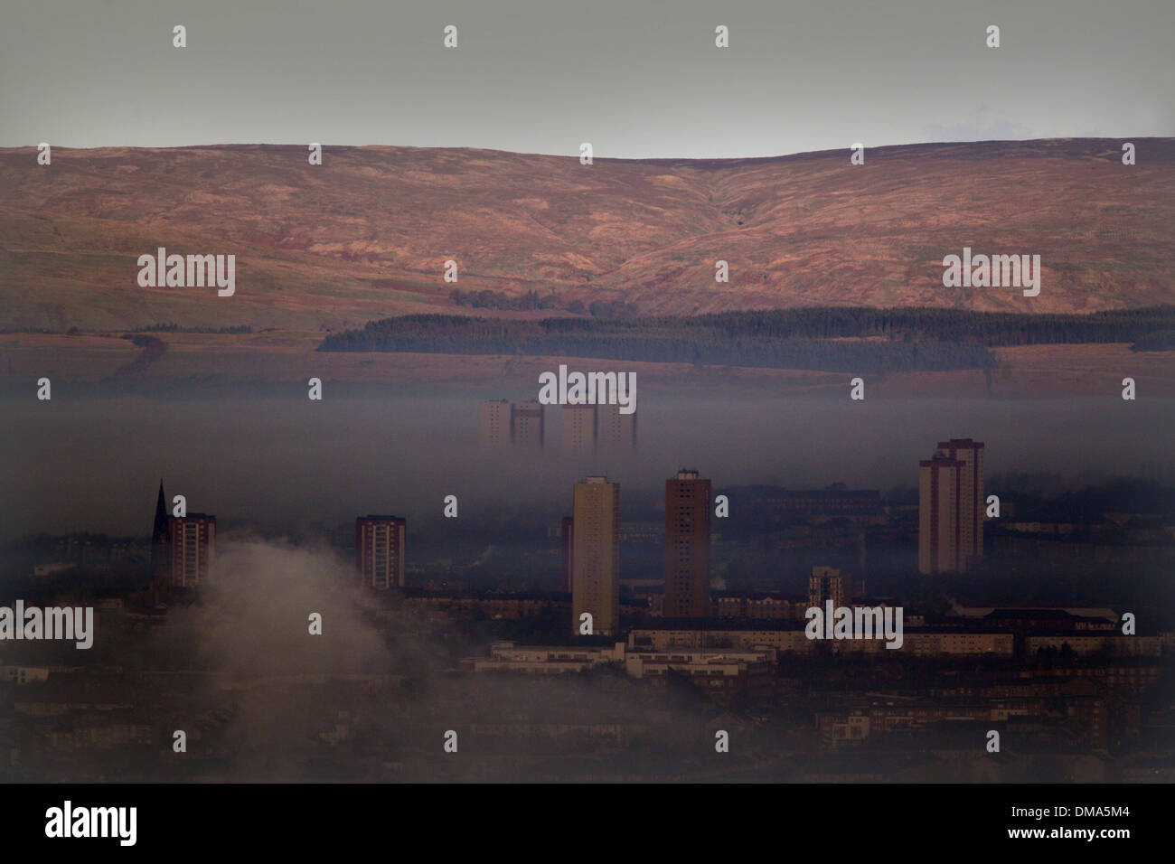 A view over Glasgow shrouded in freezing fog from the Caithkin Braes ...
