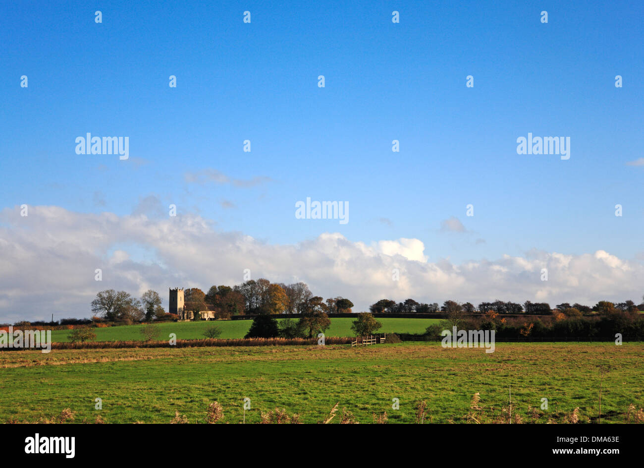 A Norfolk landscape with farmland and parish church at Thurne, Norfolk ...