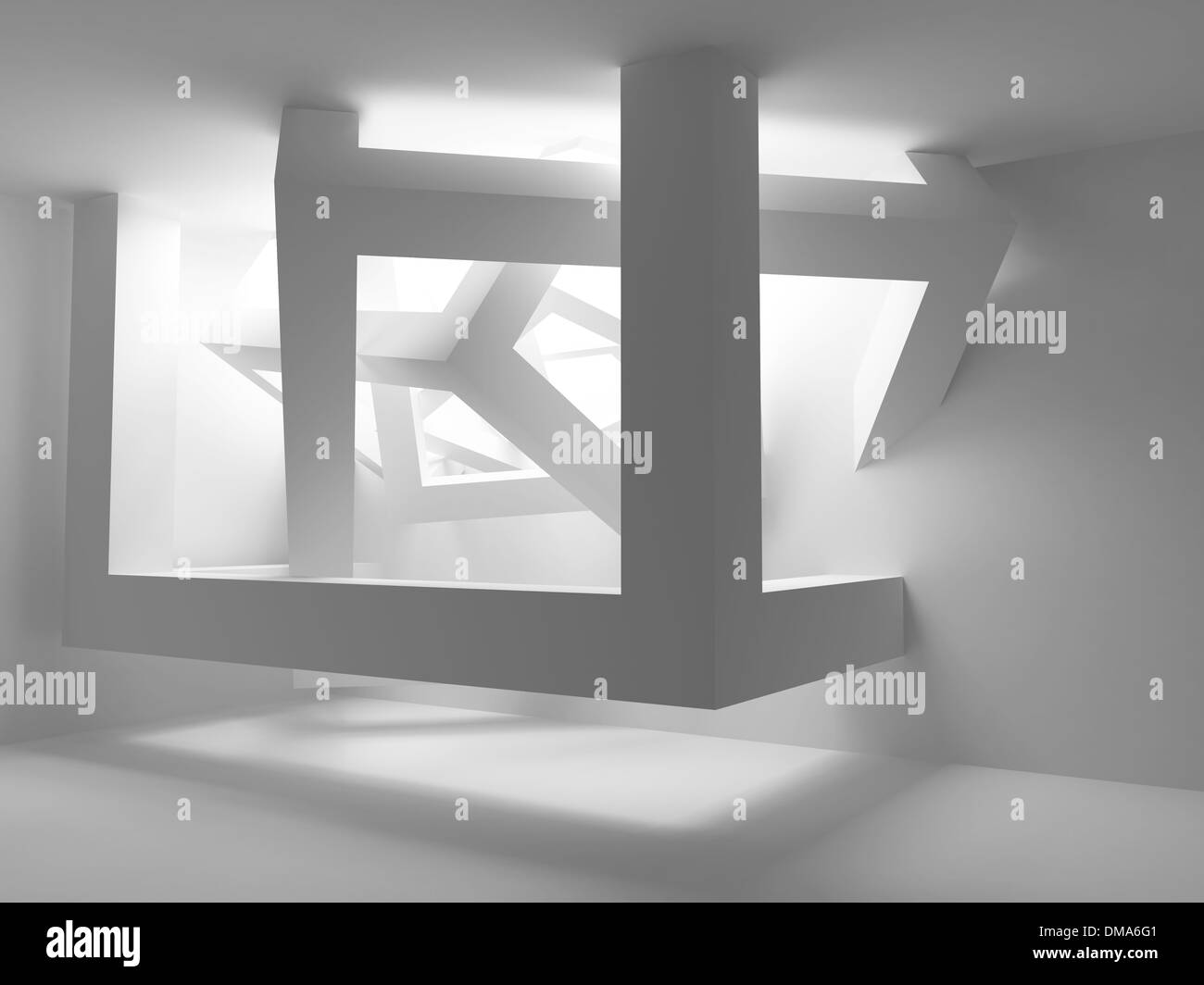 White room interior with abstract construction of cubes in the corner ...