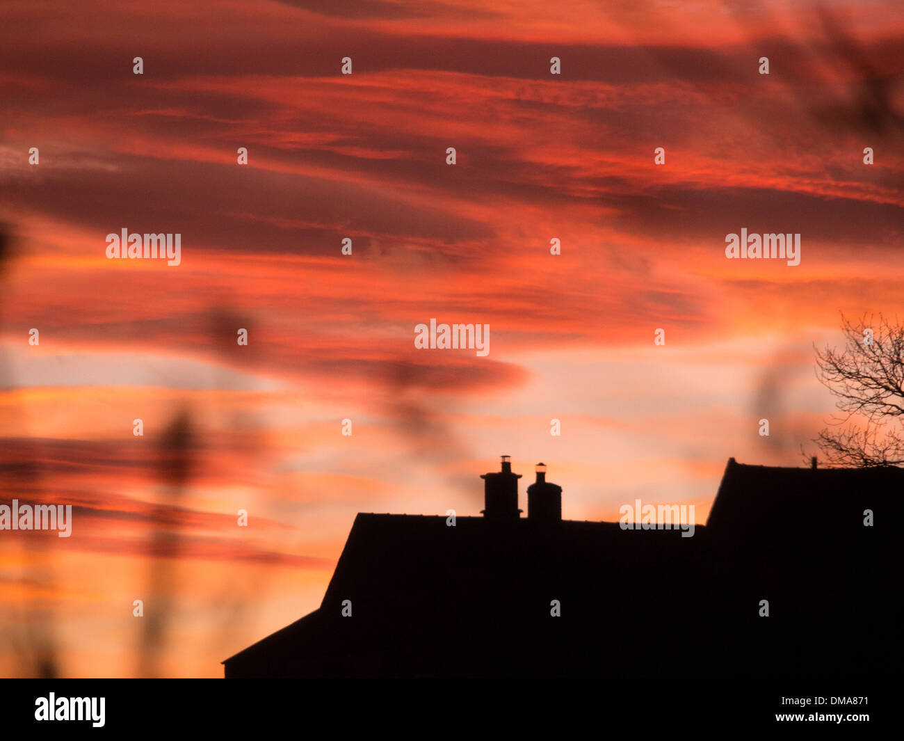 Sunset over trees and house roof Stock Photo - Alamy