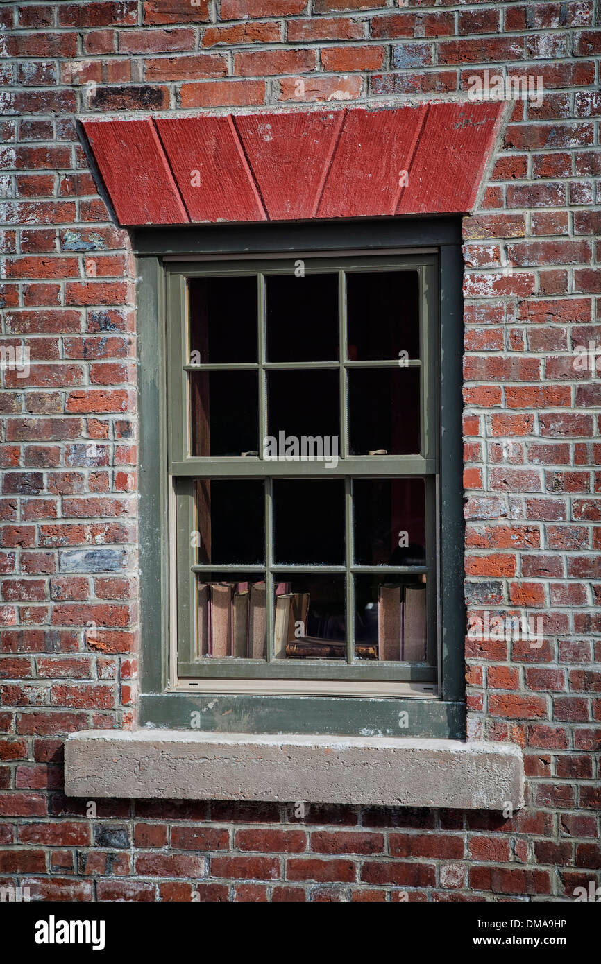 A grungy looking old window lined with books in an heritage brick ...