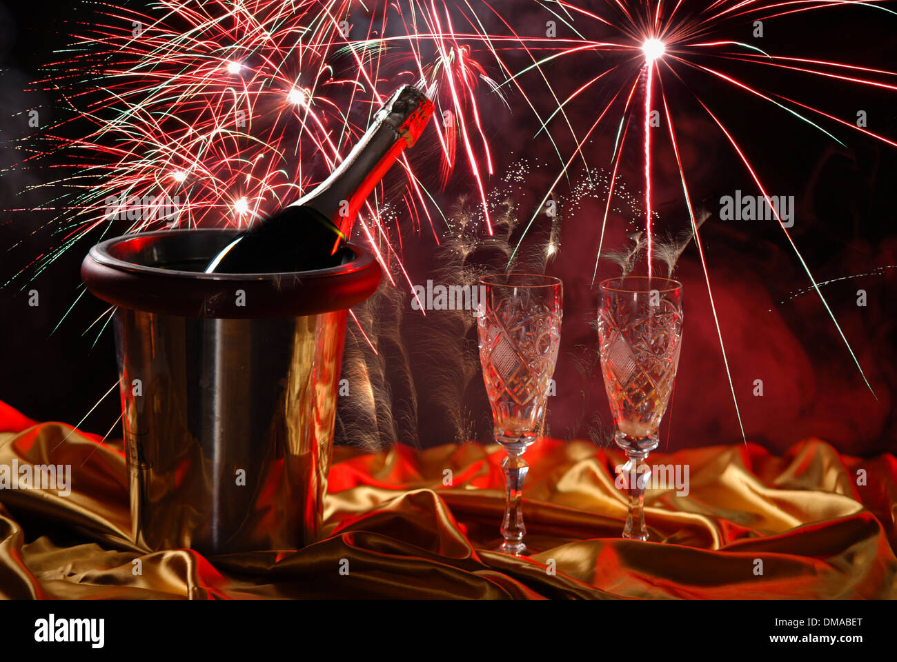 pouring champagne and fireworks on a dark background Stock Photo - Alamy