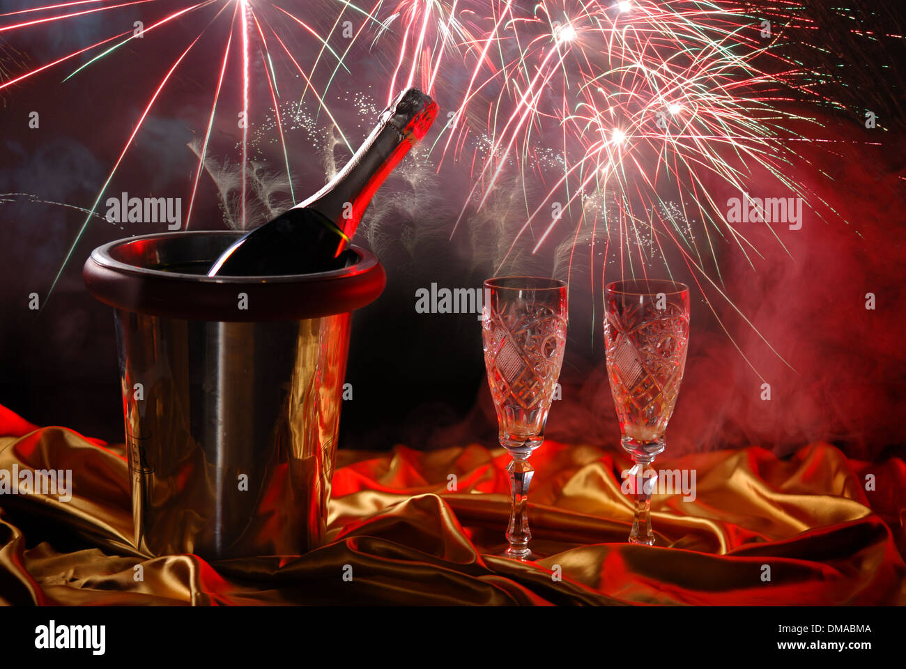pouring champagne and fireworks on a dark background Stock Photo - Alamy