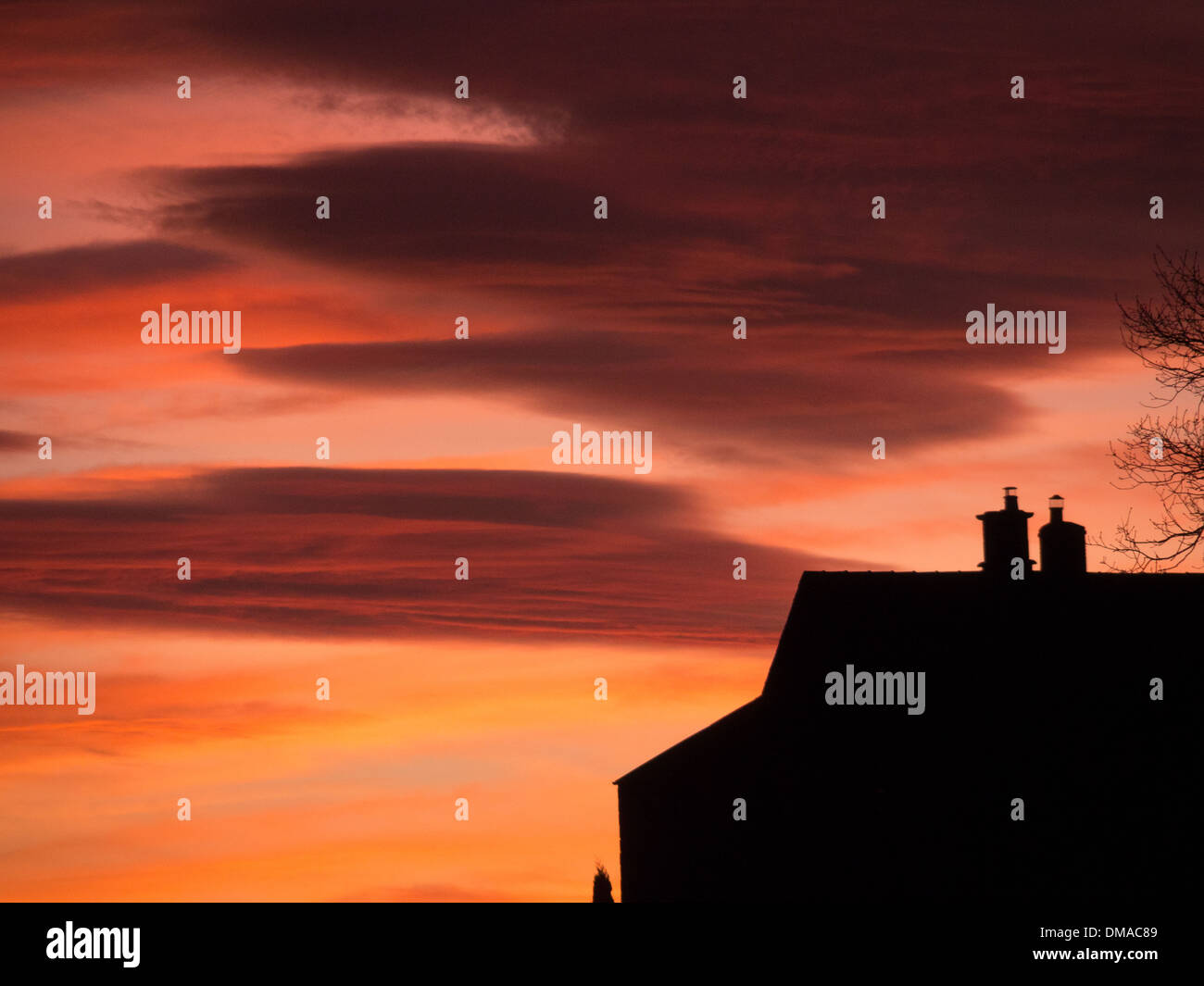 Sunset over trees and house roof Stock Photo - Alamy