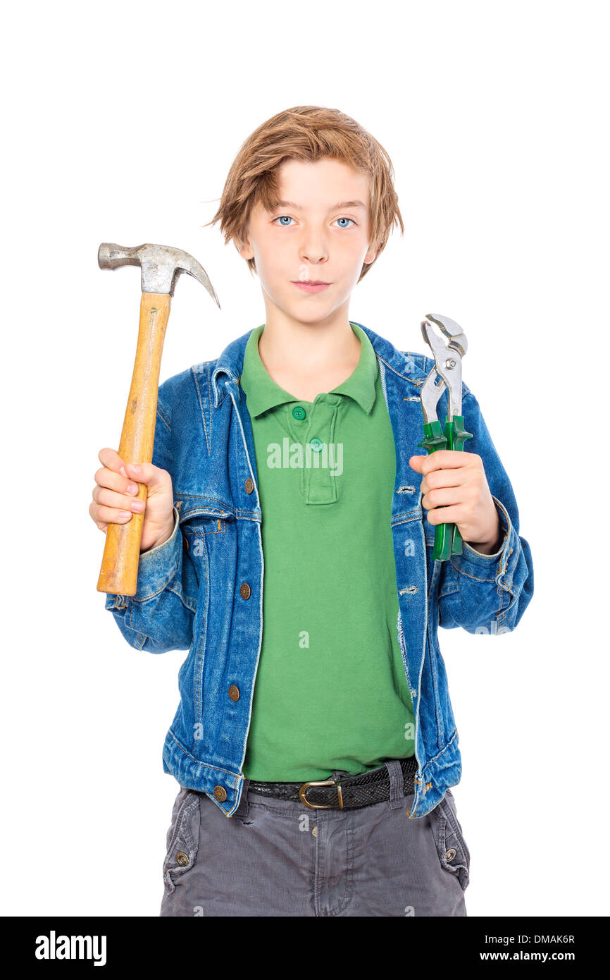 male teenager holding some working tools, isolated on white Stock Photo ...