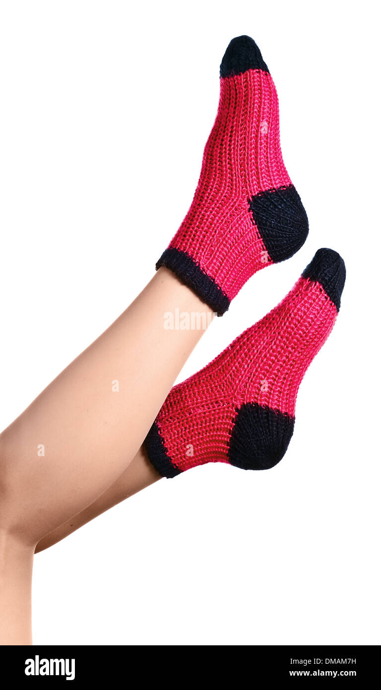 woman legs in woollen socks on white background Stock Photo - Alamy