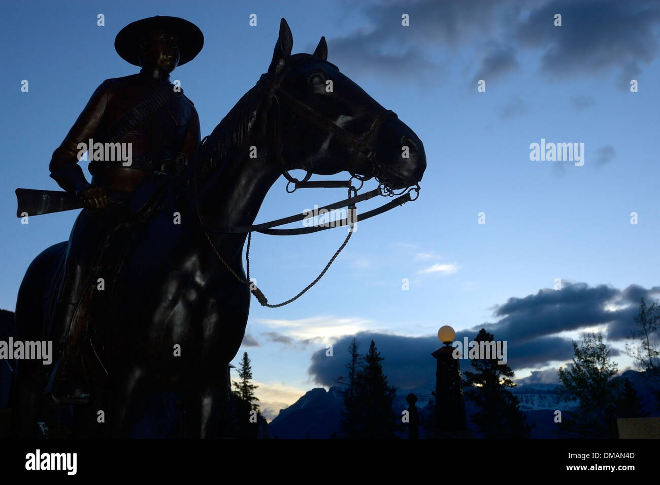 Bronze Mountie statue at Fairmont Banff Springs hotel. Banff National ...