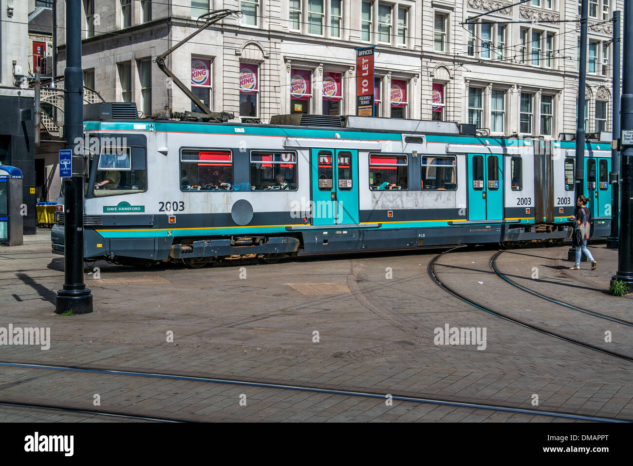 Metrolink Tram in Manchester town center Stock Photo - Alamy