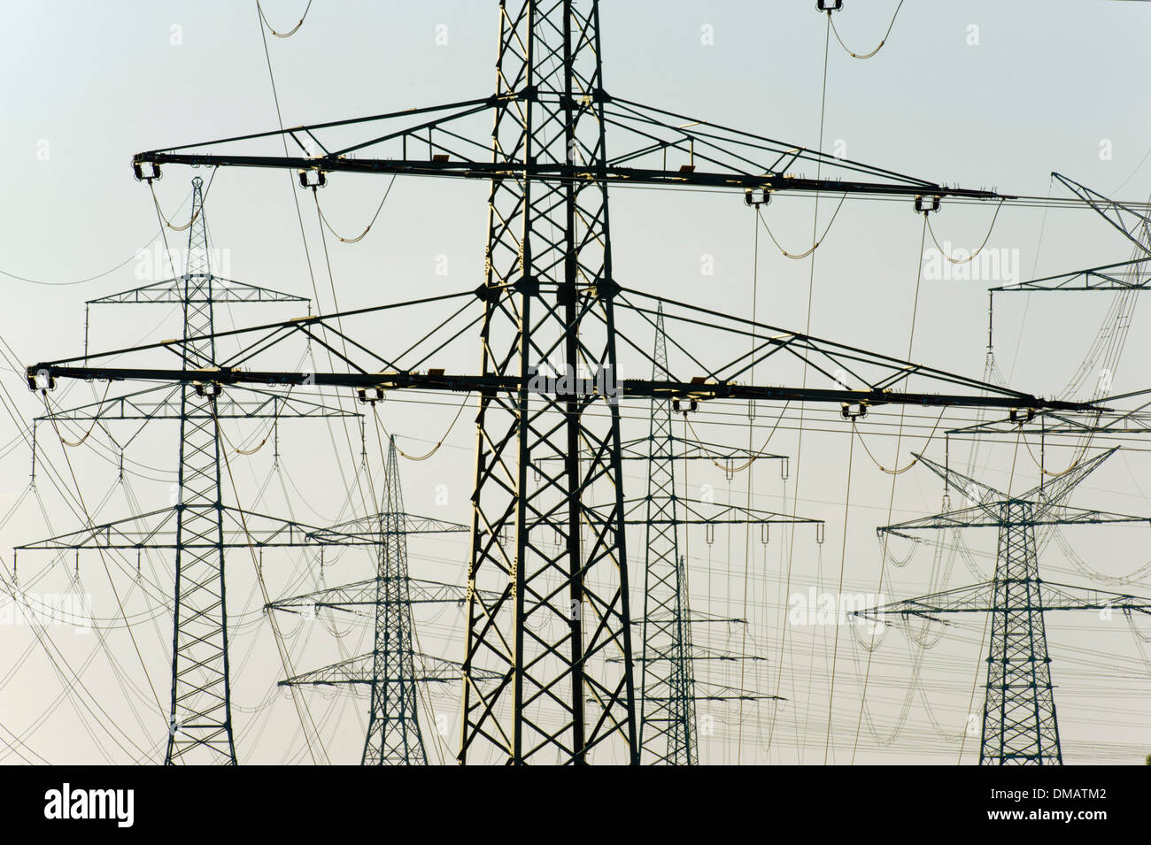 panorama view to many electric power poles in Bavaria, Germany Stock ...