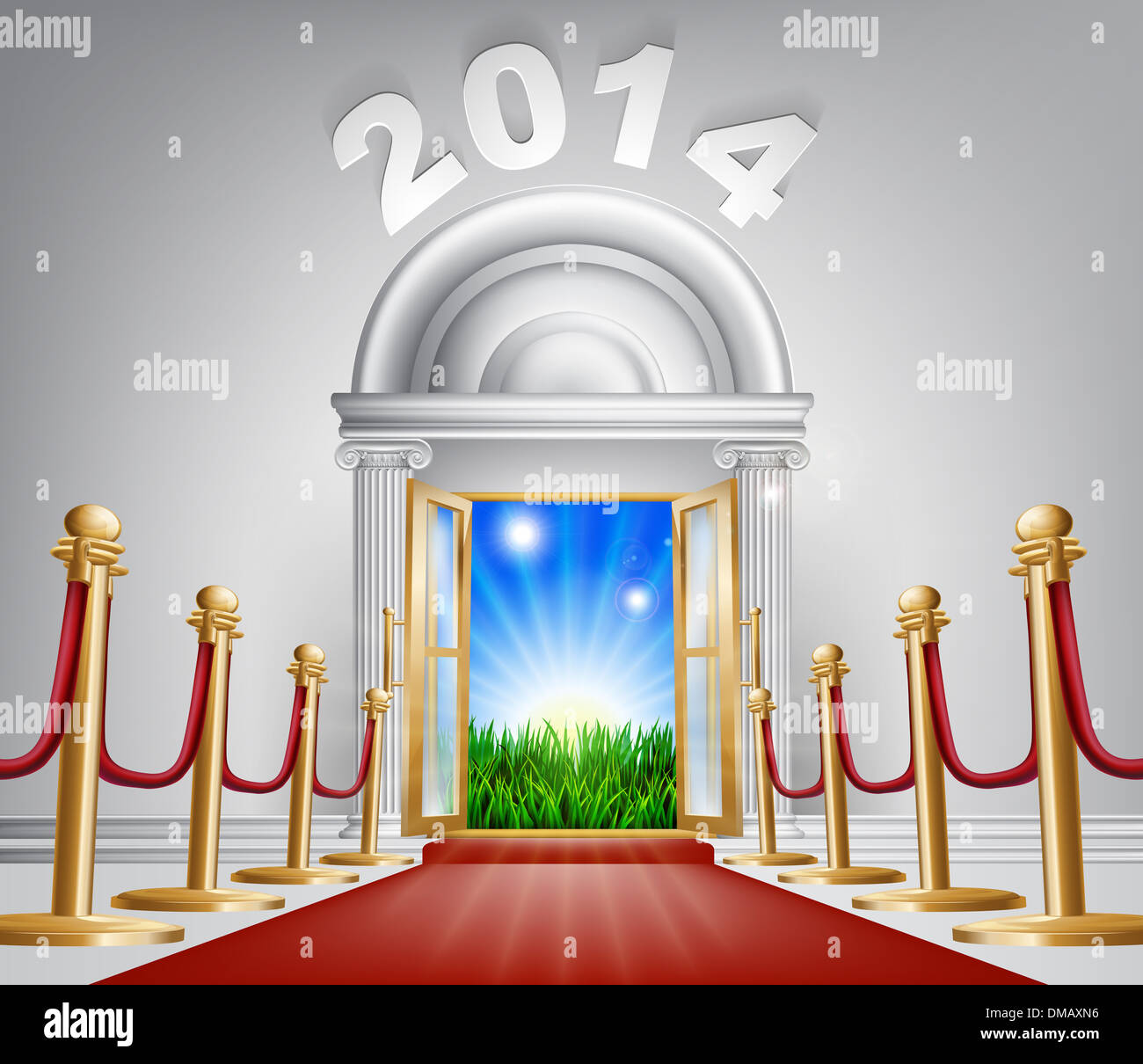 A VIP door opening to reveal a sunrise and beautiful green landscape ...