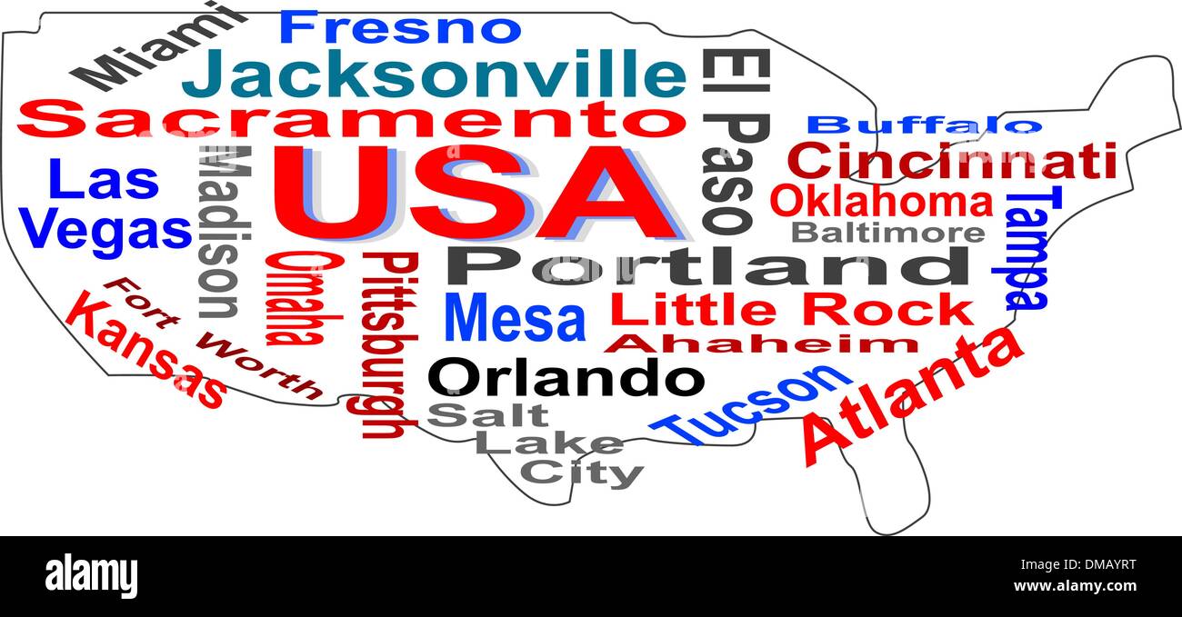 USA map words cloud with larger american cities Stock Vector Image ...