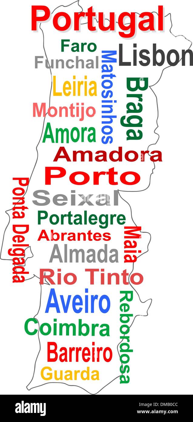 portugal map and words cloud with larger cities Stock Vector Image ...