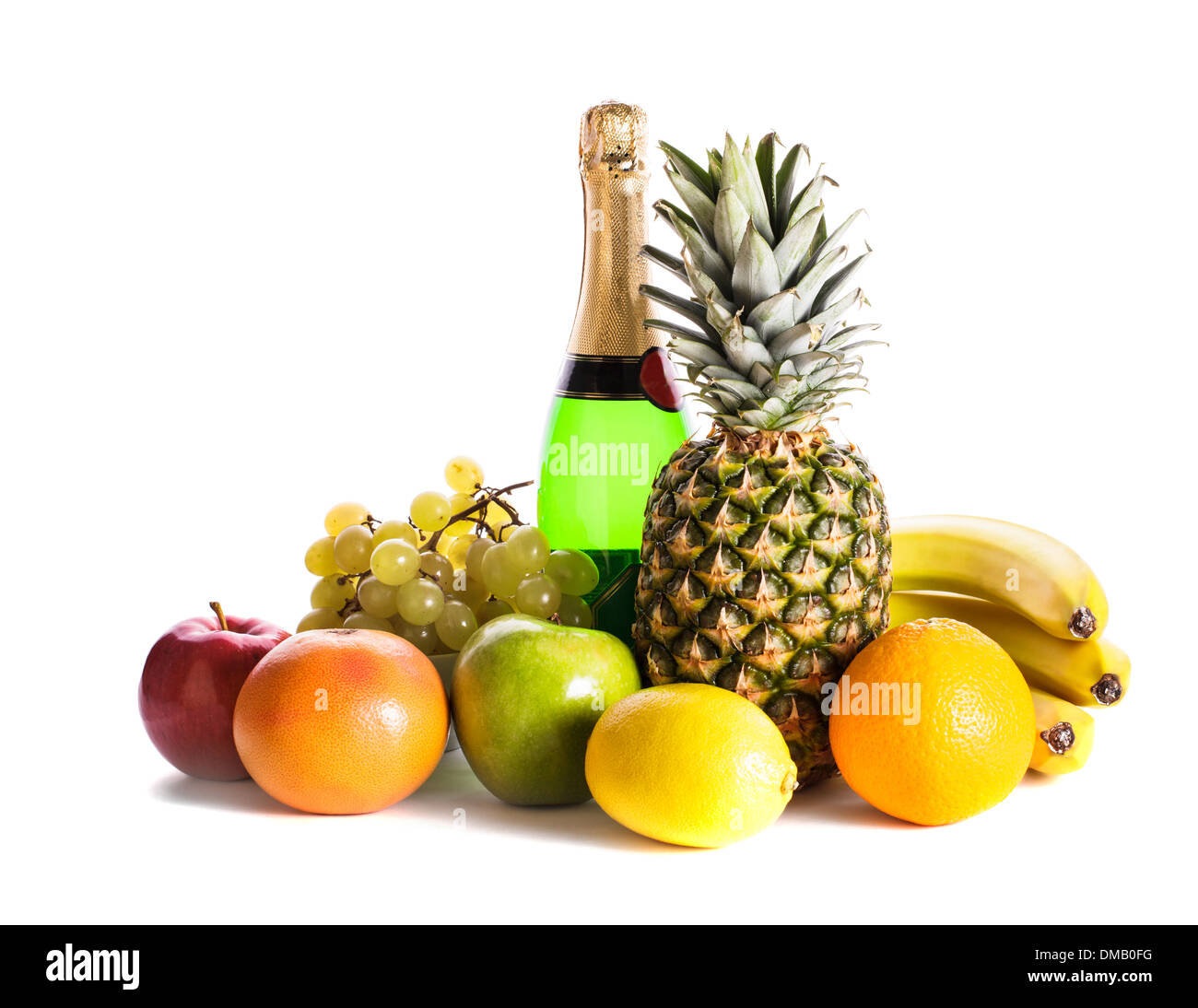 A lot of different fruits and champagne isolated on white Stock Photo ...