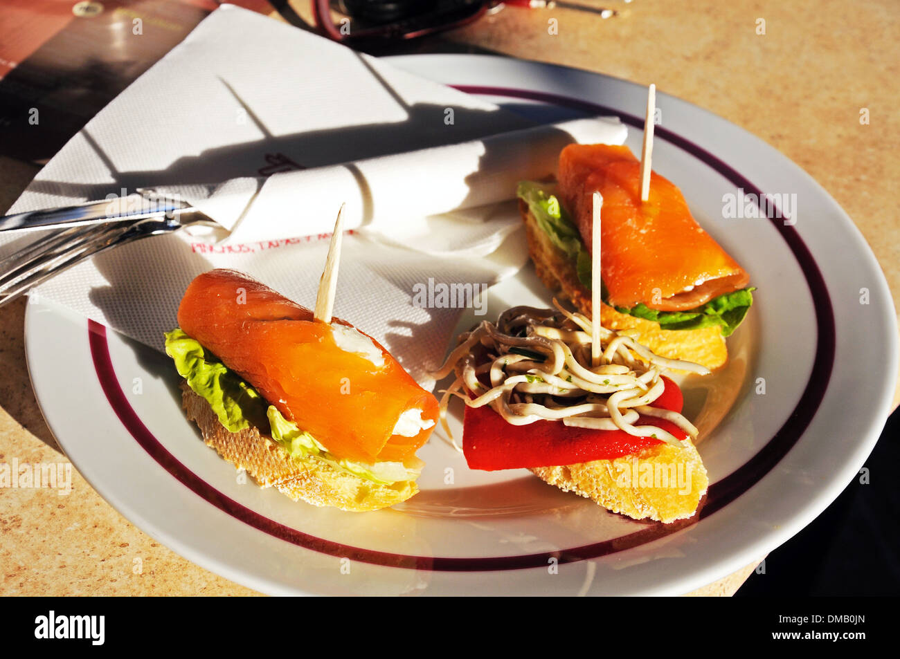 Tapas - Smoked salmon filled with cream cheese and white fish noodles ...