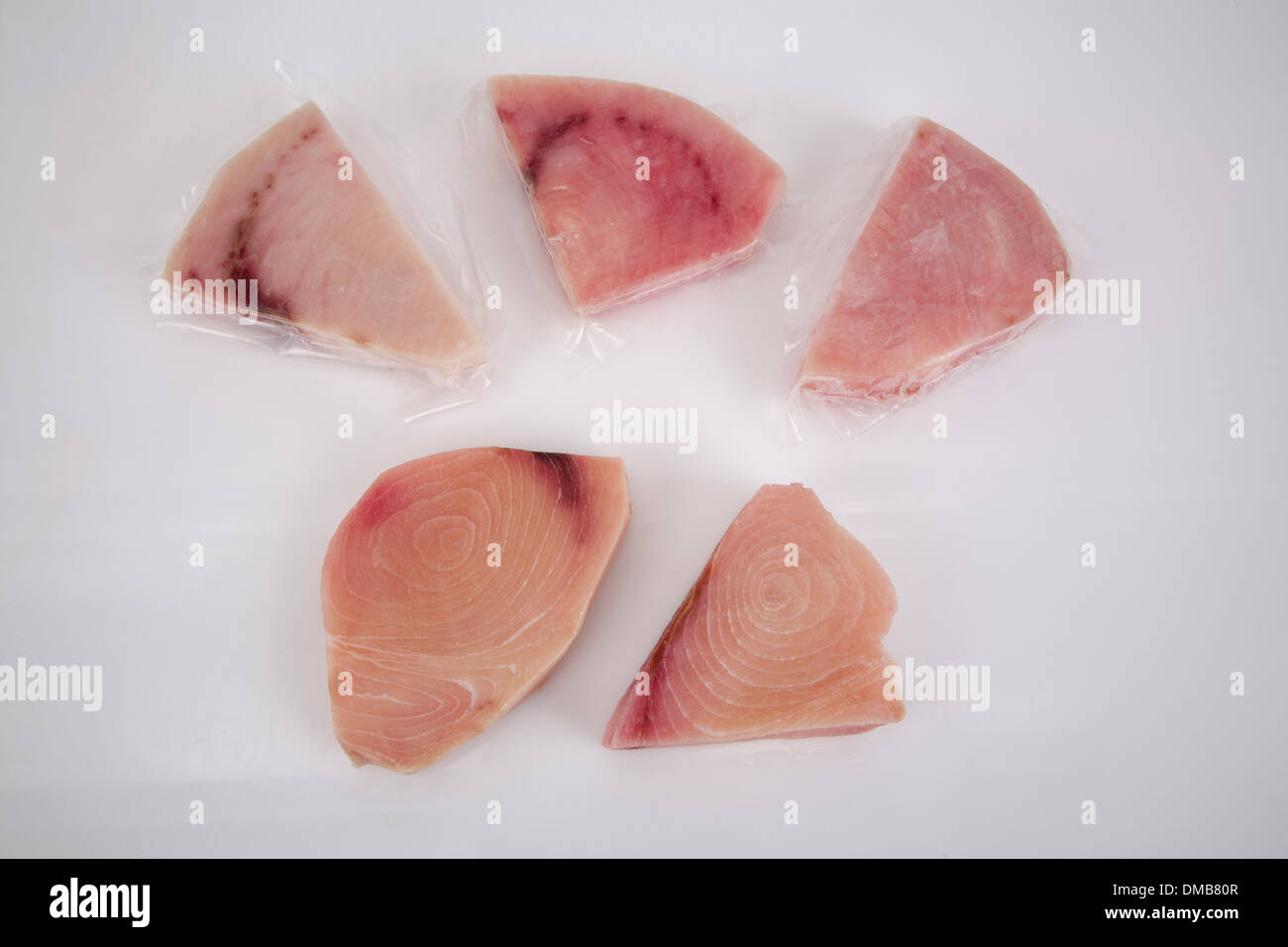 Frozen fish products laid on ice to be showcased for consumption ...