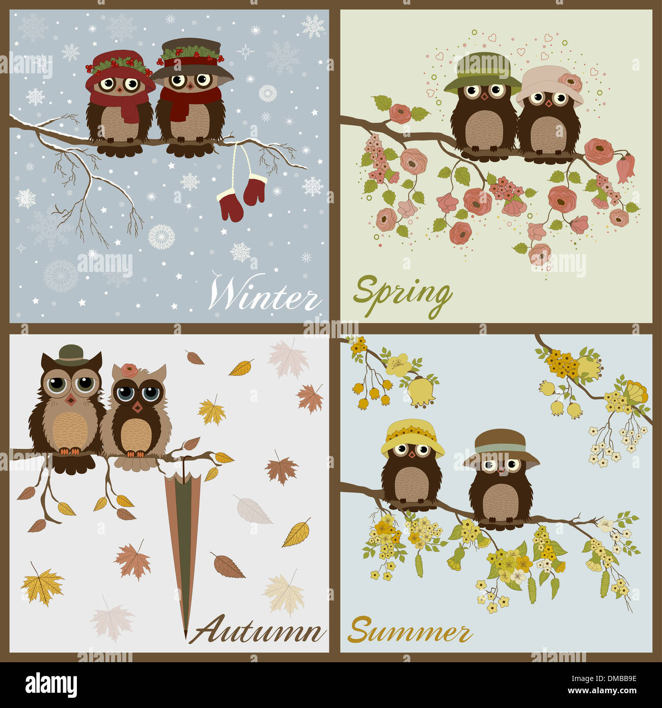 Owls in four seasons- spring, summer, autumn, winter Stock Photo - Alamy