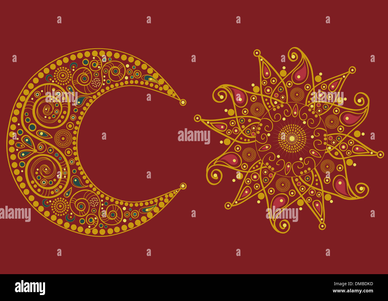 Abstract stylized sun and moon on red background Stock Photo - Alamy