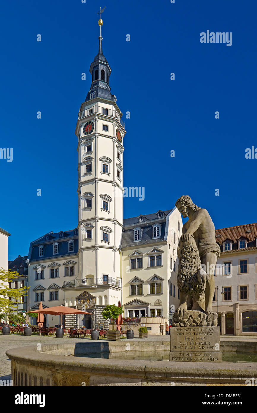 Samson Fountain and City Hall at the market in Gera, Thuringia, Germany ...