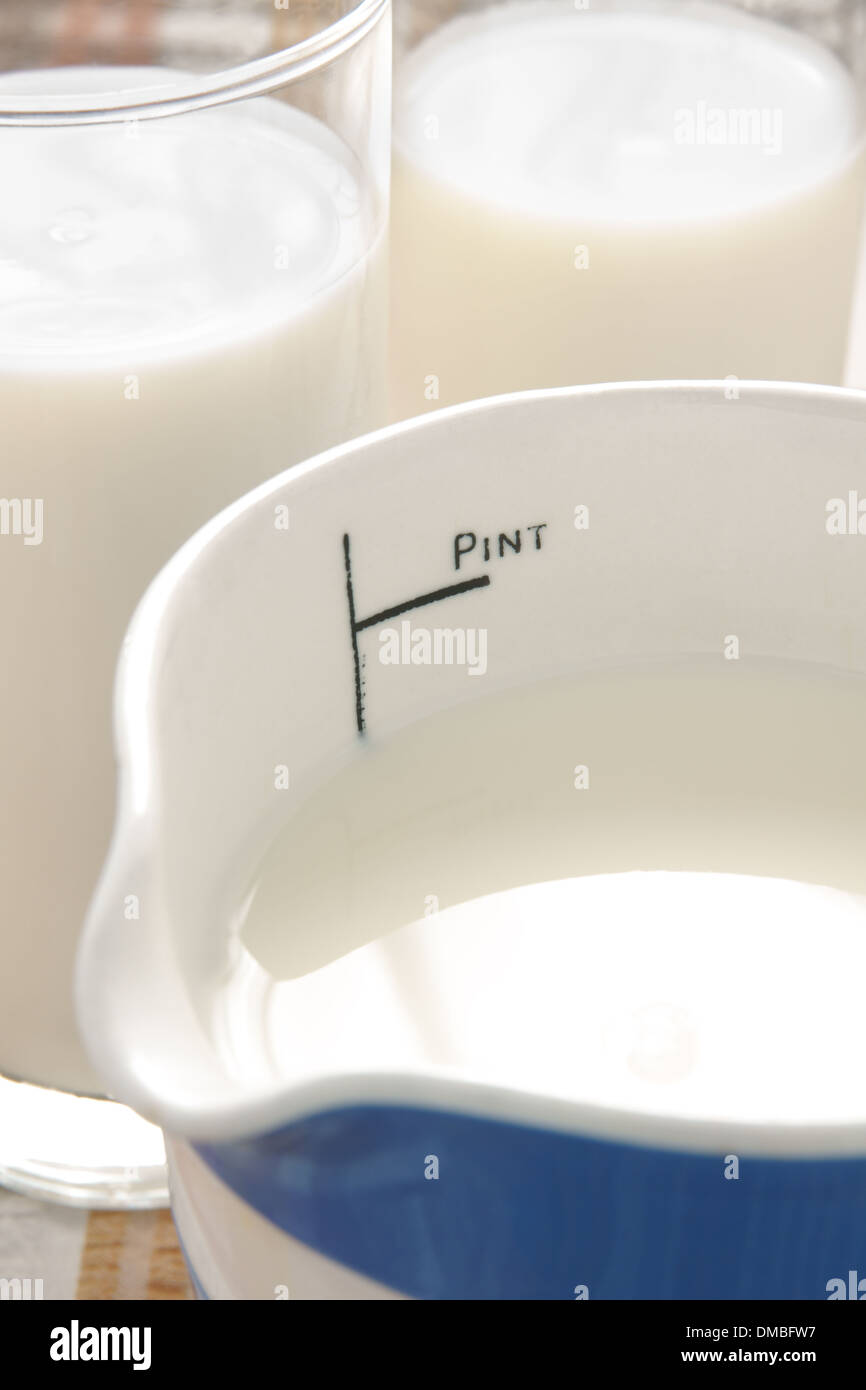 Measuring out milk in a measuring jug for cooking or baking Stock Photo ...