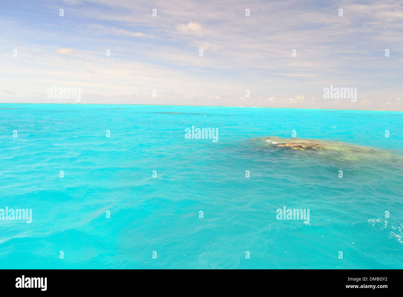 The colorful Aitutaki lagoon spotted by coral reef, in the middle of ...