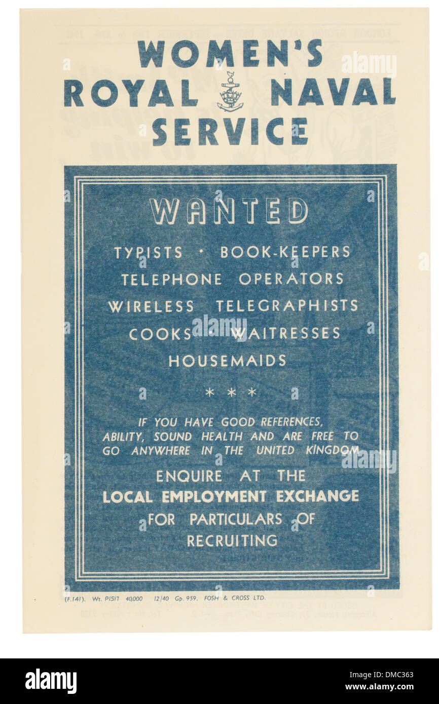 Womens Royal Naval service recruitment leaflet: EDITORIAL ONLY Stock ...