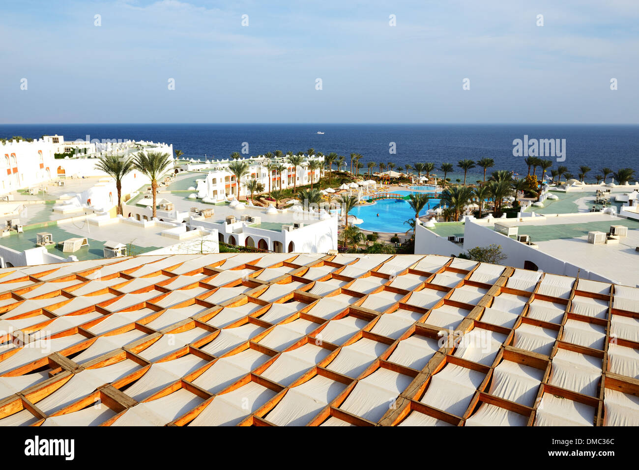 View on swimming pool and beach at luxury hotel, Sharm el Sheikh, Egypt ...