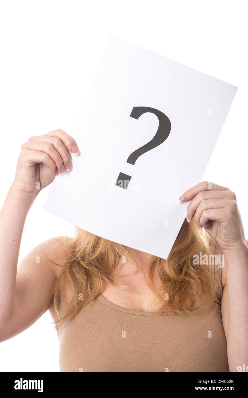 Young Woman Holding Question Mark Stock Photo - Alamy