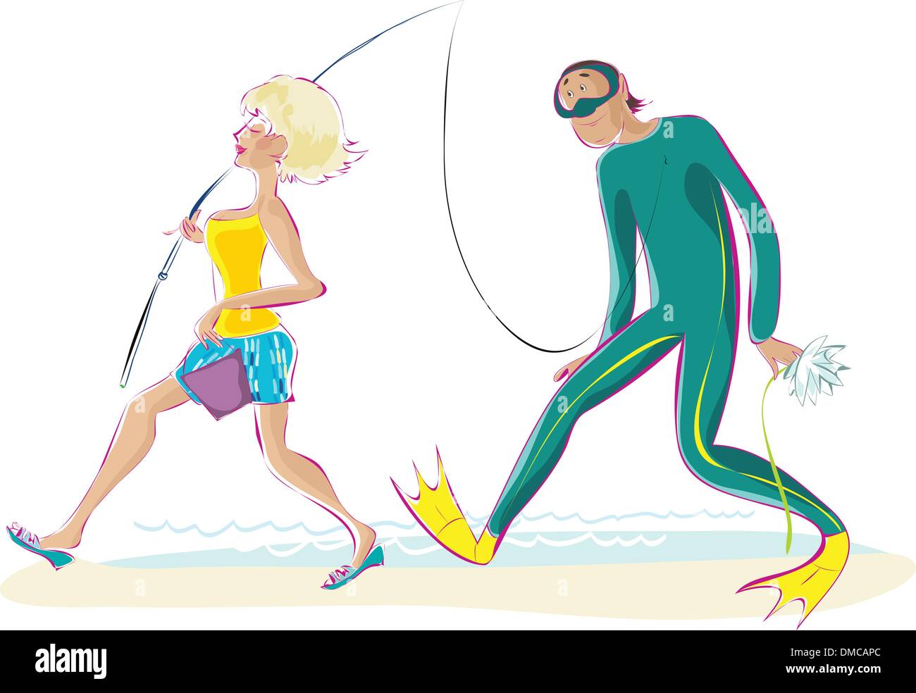 Two people beach fishing Stock Vector Images - Alamy