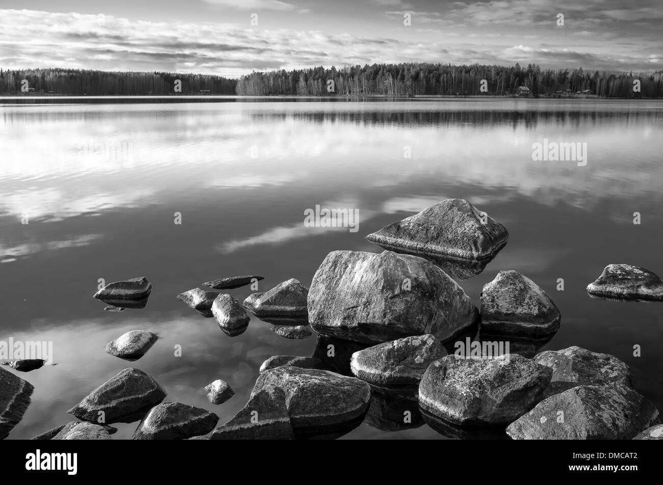 Rock reflection in water Black and White Stock Photos & Images - Alamy