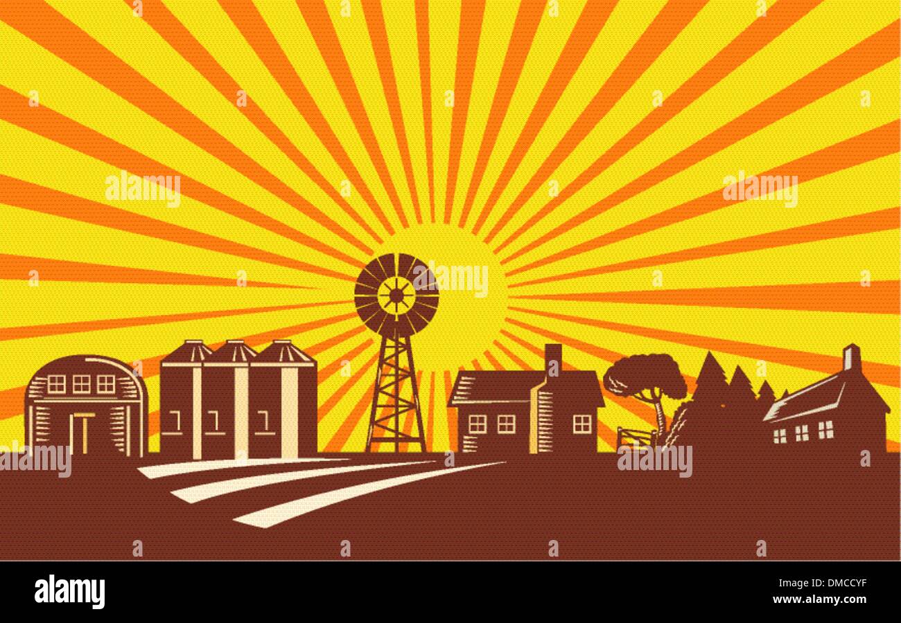 Farm Scene With Barn House Windmill Silo Retro Stock Vector Image & Art ...