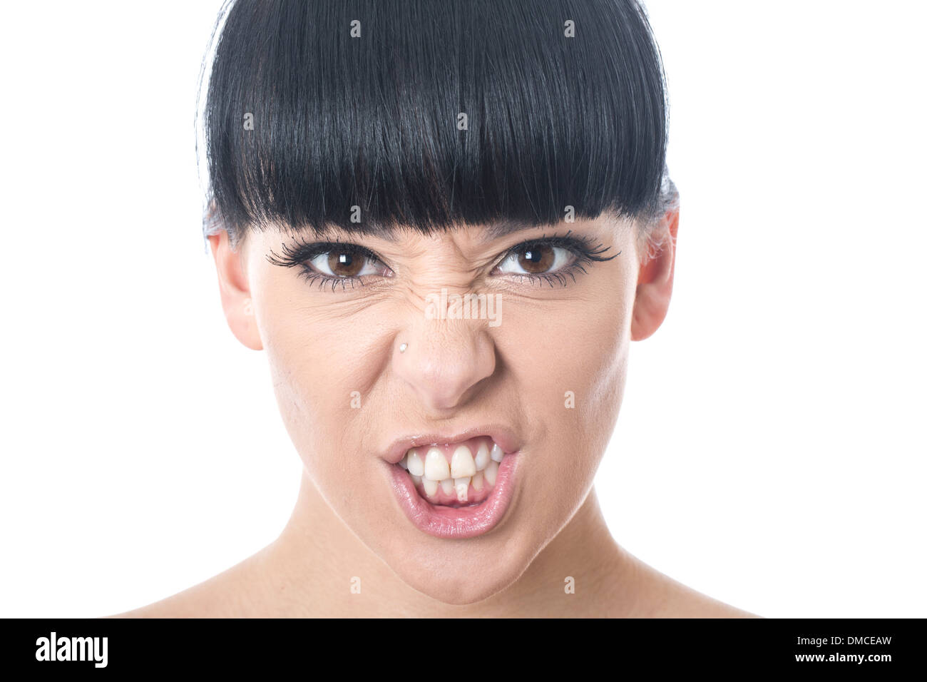 Woman face close up angry hi-res stock photography and images - Alamy