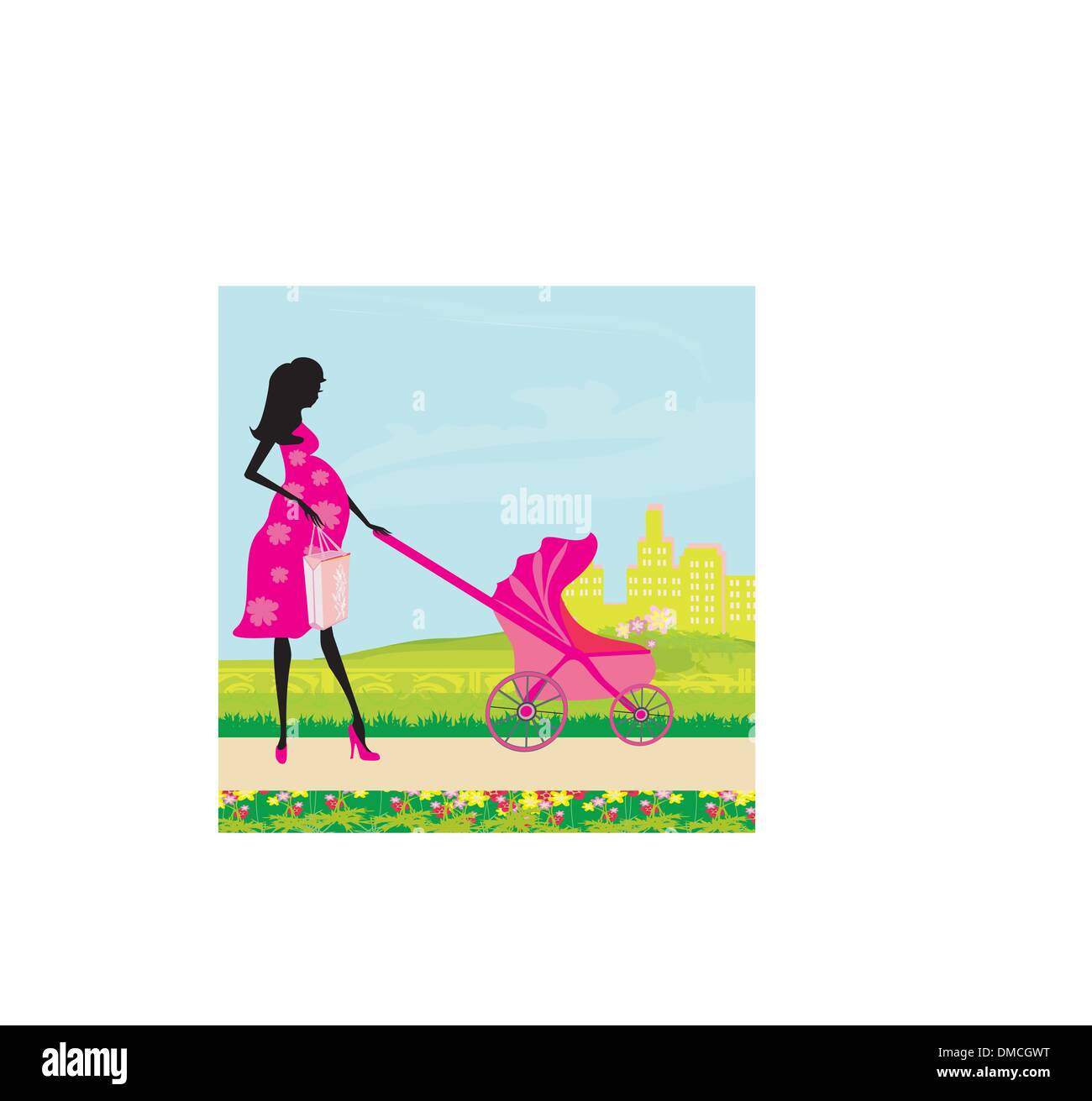 Cartoon mother pushing baby stroller hi-res stock photography and ...
