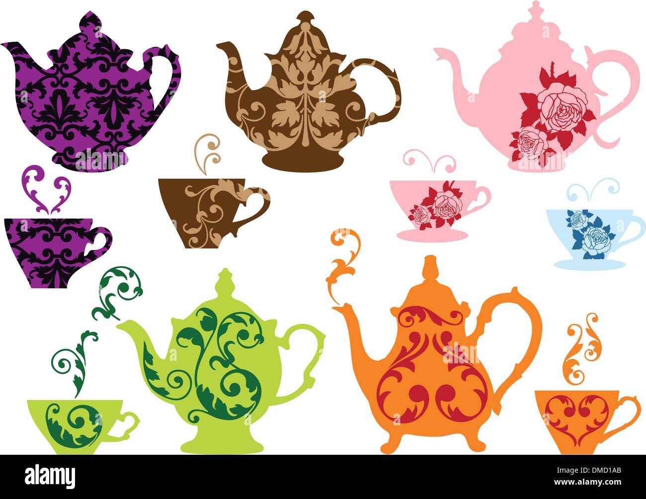 tea pots and cups with baroque pattern, vector Stock Vector Image & Art ...