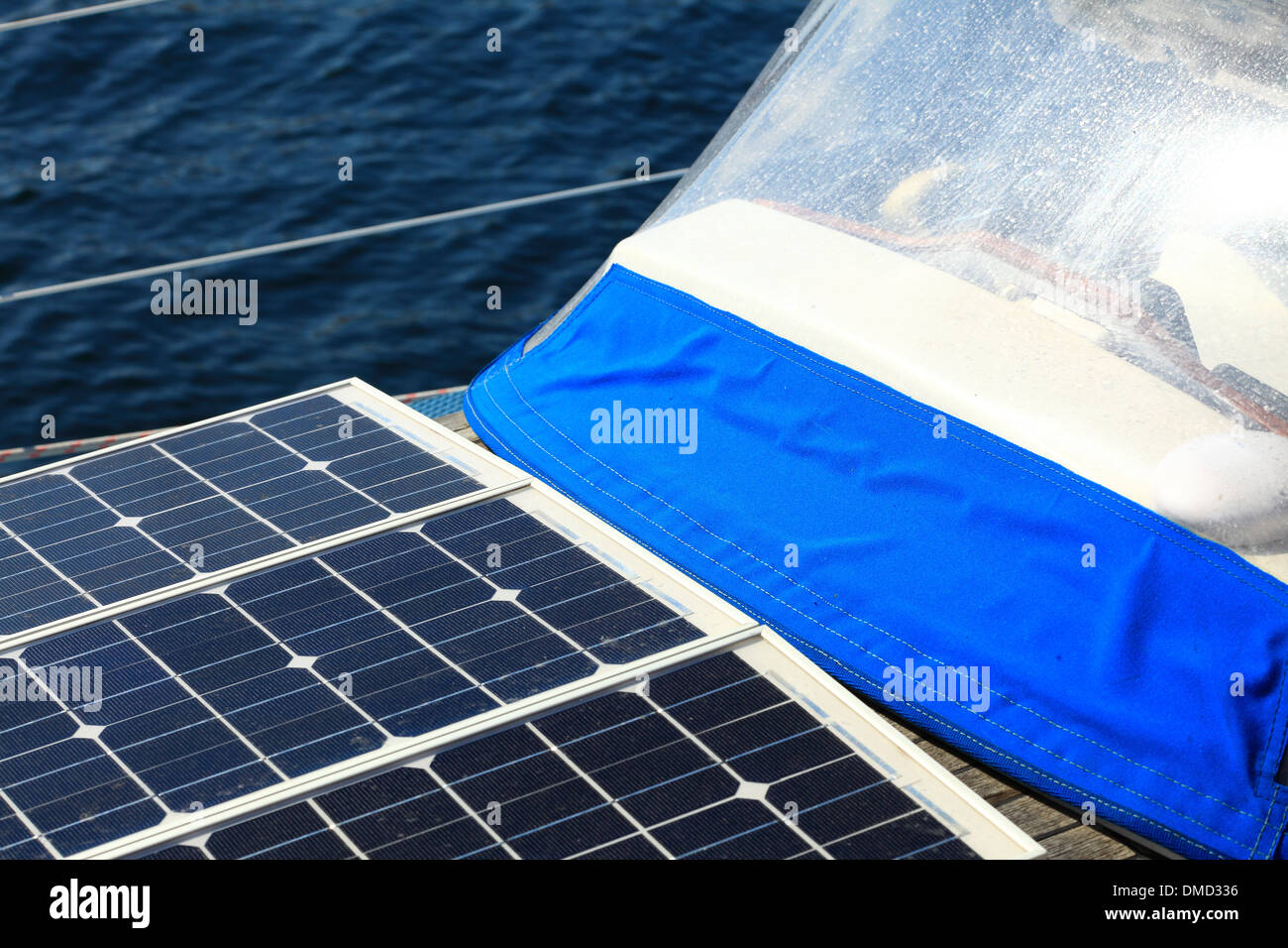 Solar charging batteries aboard a sail boat. Photovoltaic panels ...