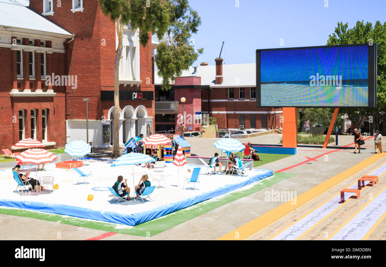 A temporary beach in inner city Perth at the Perth Cultural Centre ...