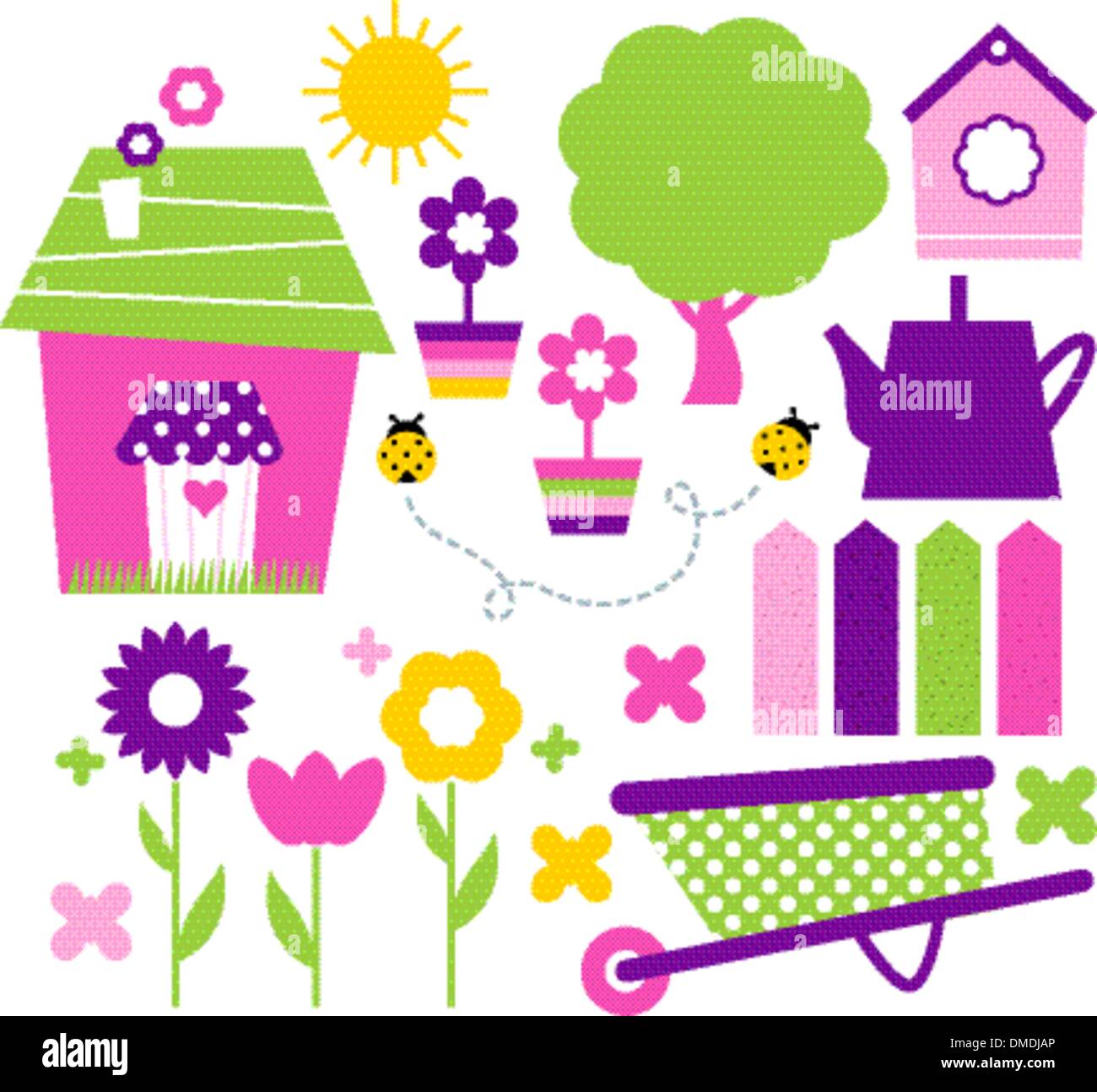 Spring village and garden set isolated on white Stock Vector Image ...