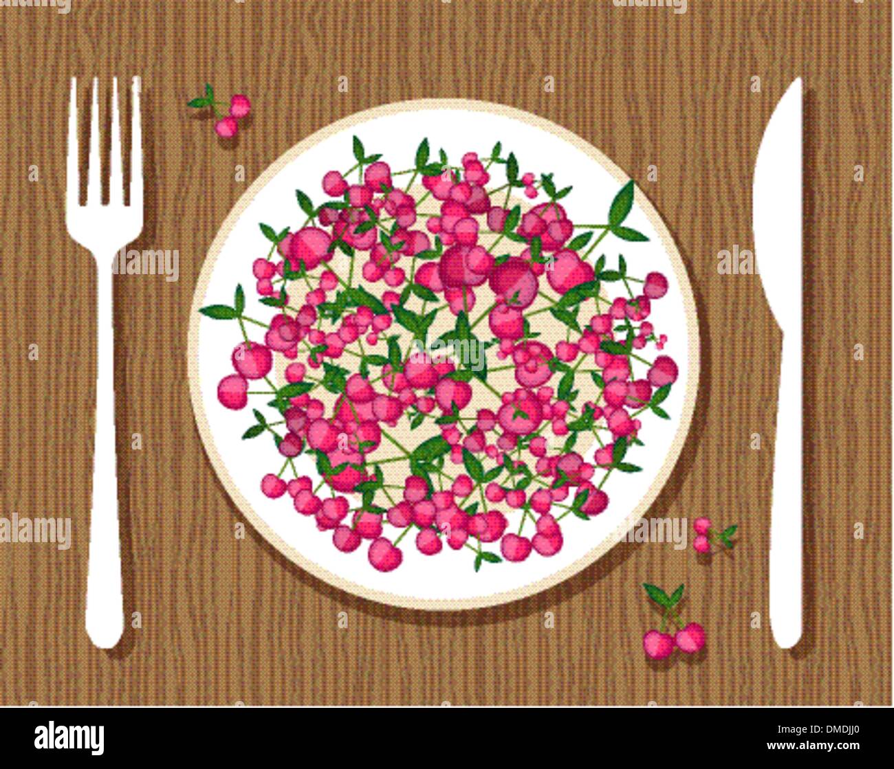 Cherries on plate with fork and knife on wooden background for your ...