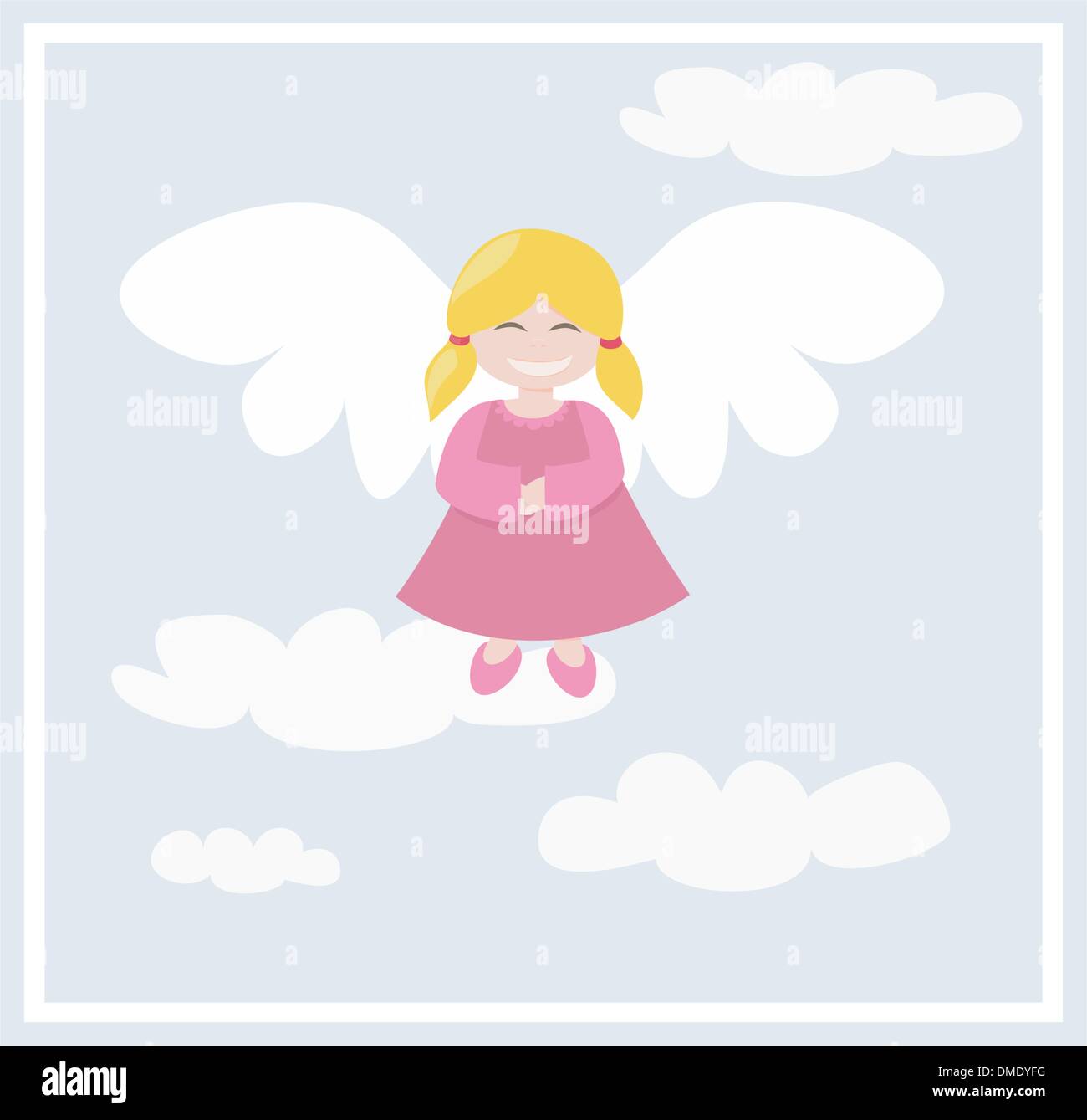 Happy blond angel girl flying in the blue sky - vector illustration ...
