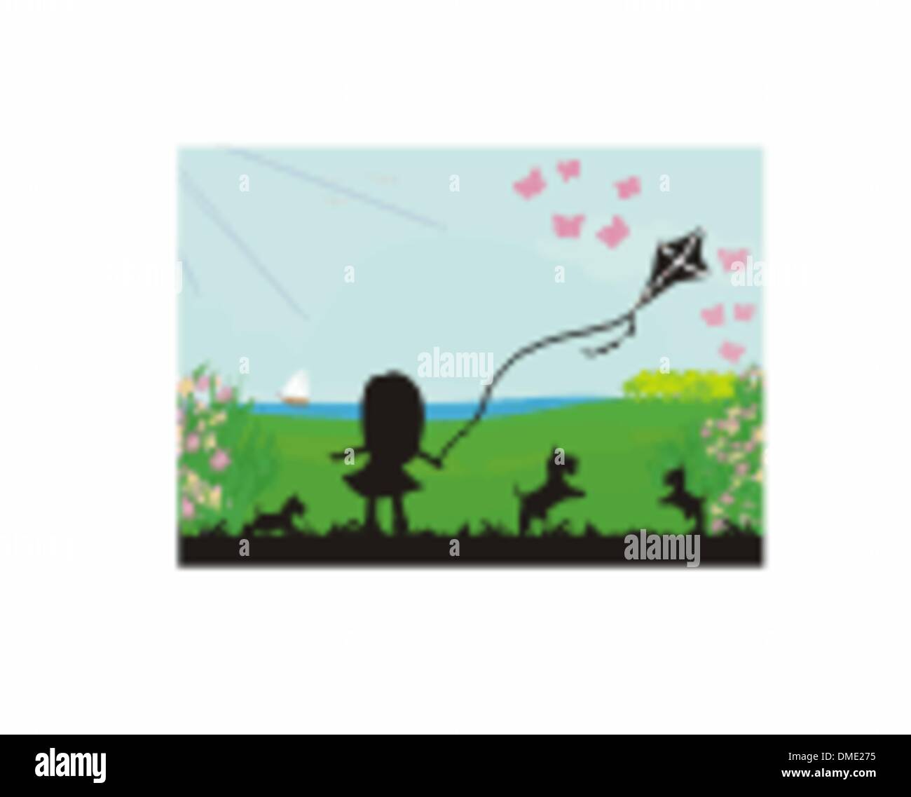 girl with flying kite Stock Vector Image & Art - Alamy
