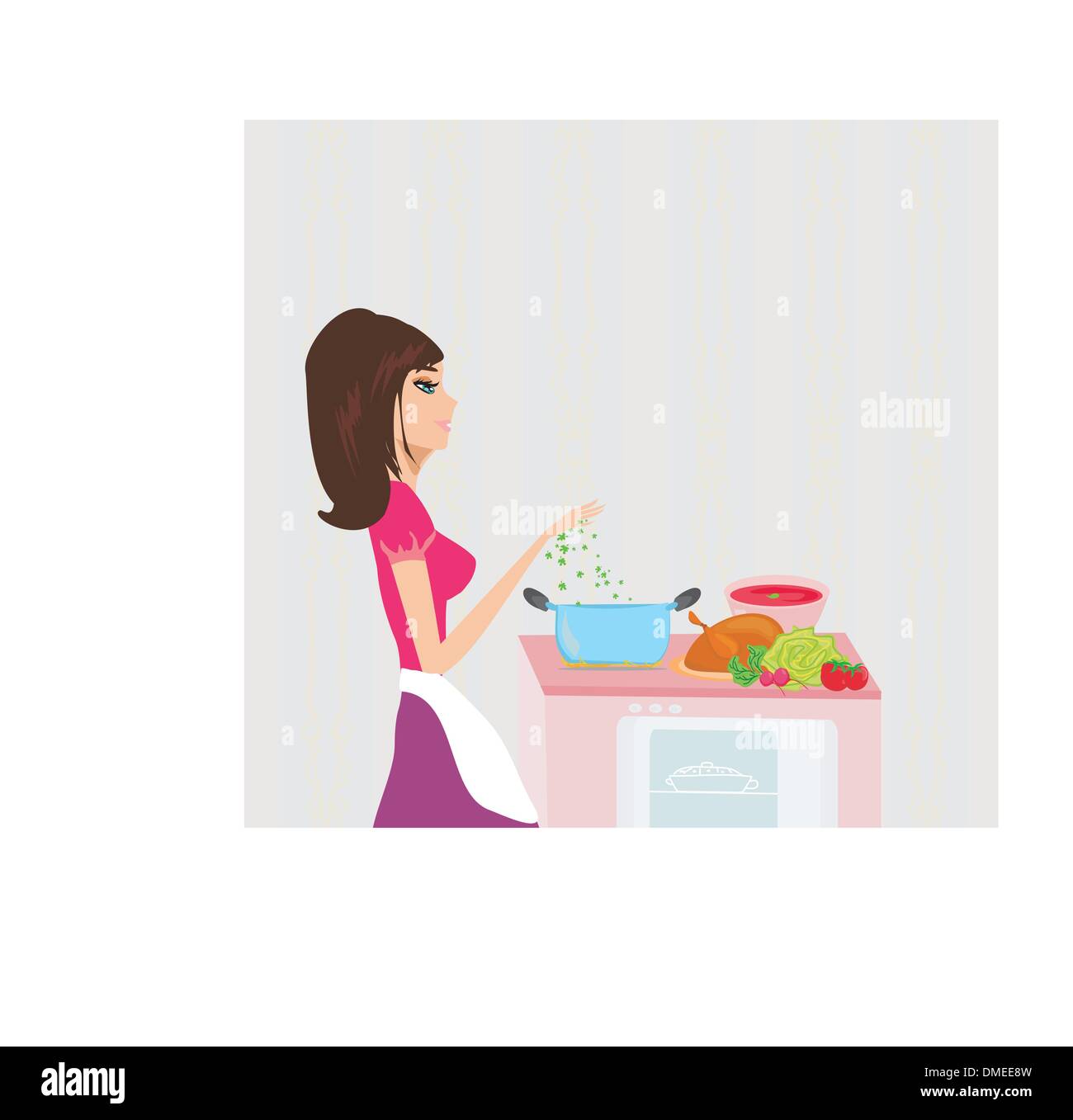 Beautiful lady cooking soup and serving chicken Stock Vector Image ...