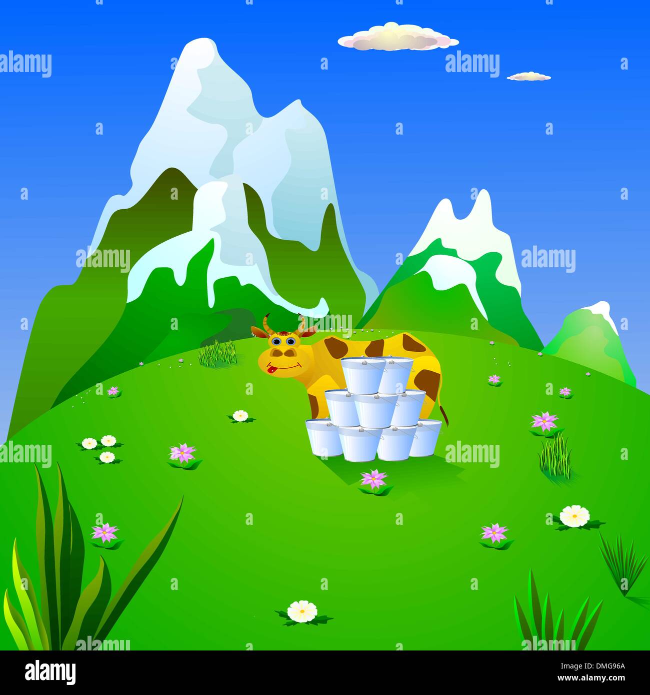 Vector illustration of a cow in an alpine meadow Stock Vector Image ...