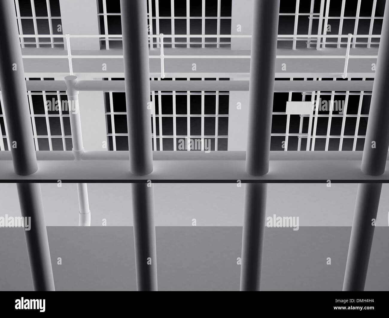 The view from the inside of a brick jail cell with iron bars Stock ...