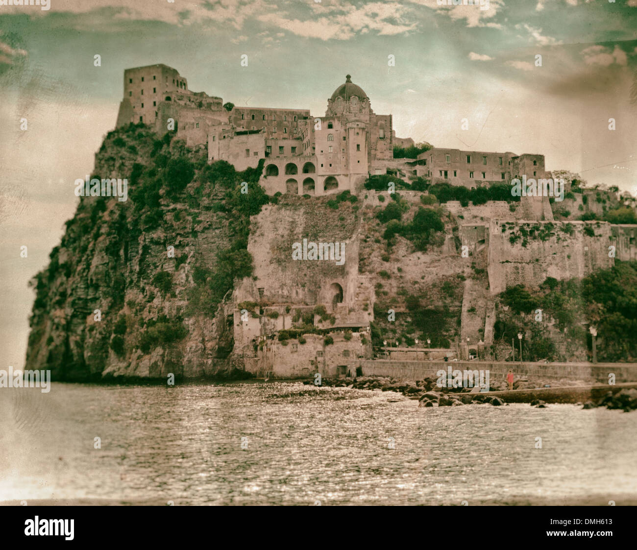 Aragonese Castle to Ischia, italian island, in vintage style Stock ...