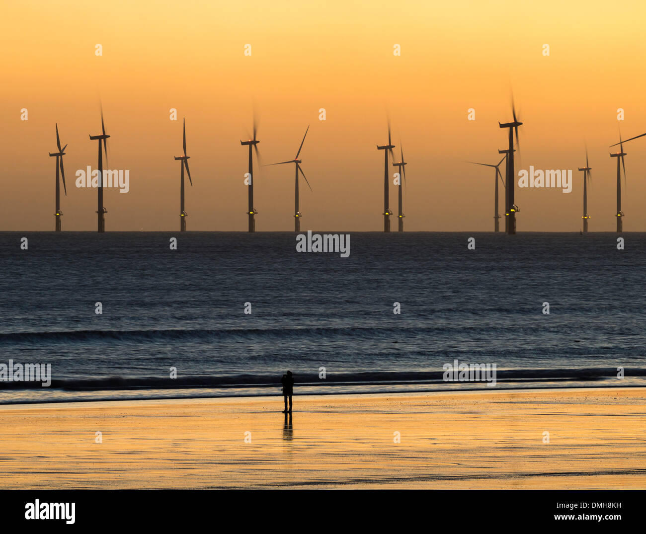 Teesside offshore wind farm on the north east coast at sunrise. England ...