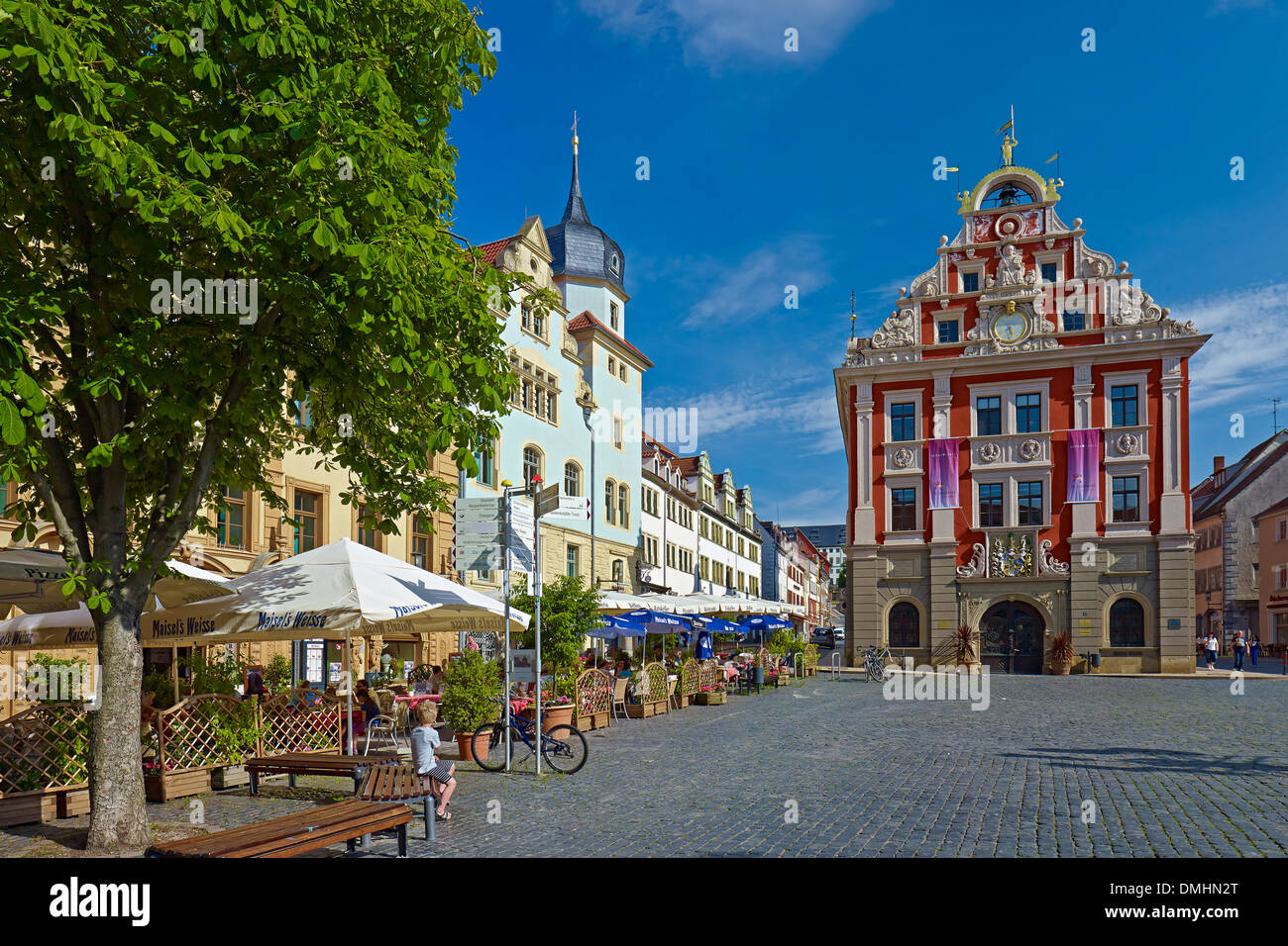 City Hall at market square with street cafe, Gotha, Thuringia, Germany ...
