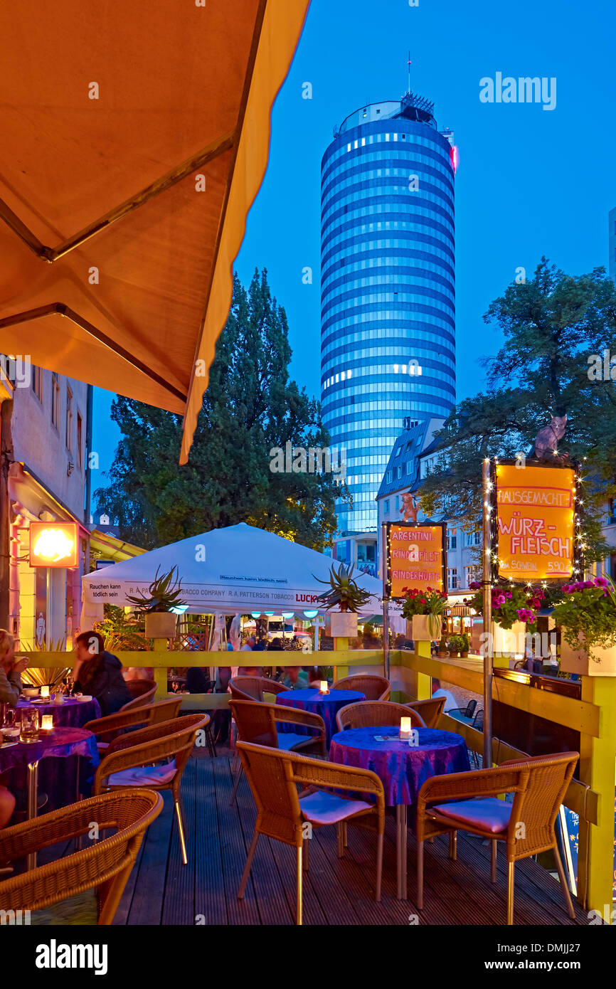 Pub scene in the Wagnergasse with Intershop Tower in Jena., Thuringia ...
