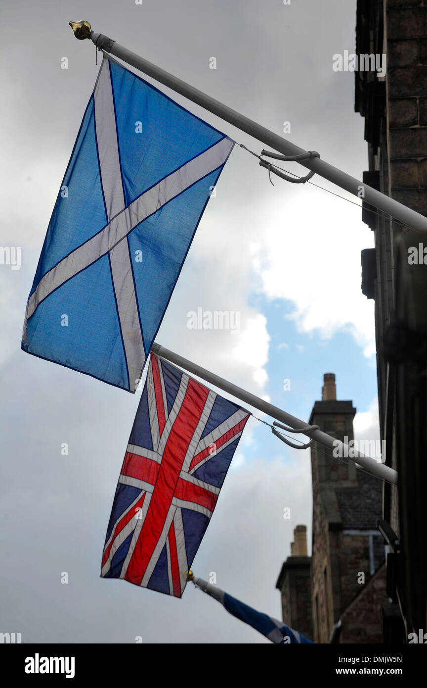 The Union Flag and Scottish Saltire fly side by side on the Royal Mile ...