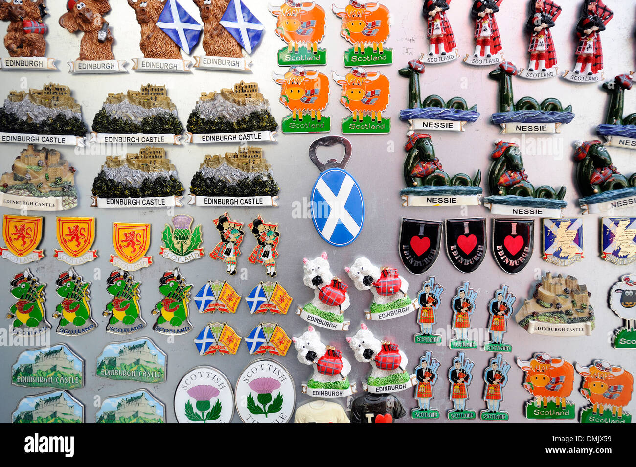 Magnetic Scottish themed souvenirs on sale in Edinbugh, Scotland Stock ...