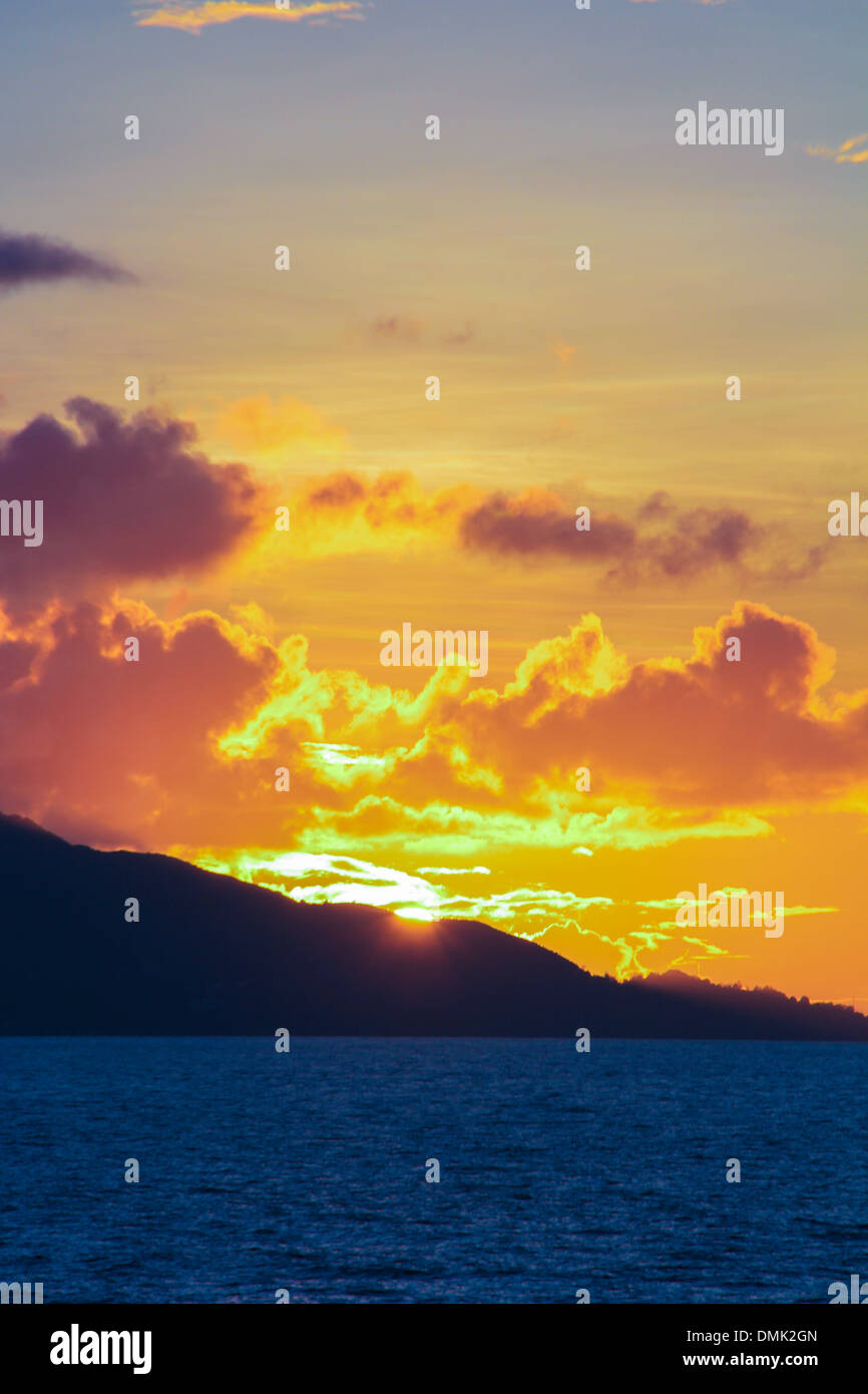 Amazing colorful sunset on the exotic island of Seychelles Stock Photo ...